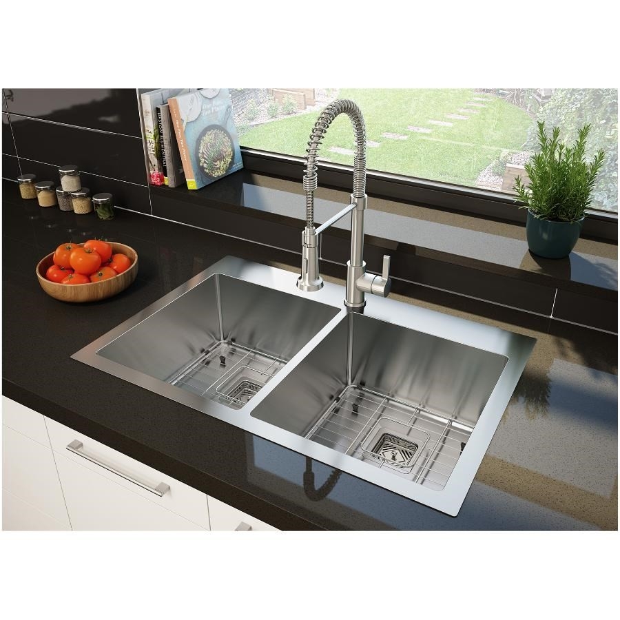 Évier de cuisine double en acier inoxydable à fixation double, avec grille