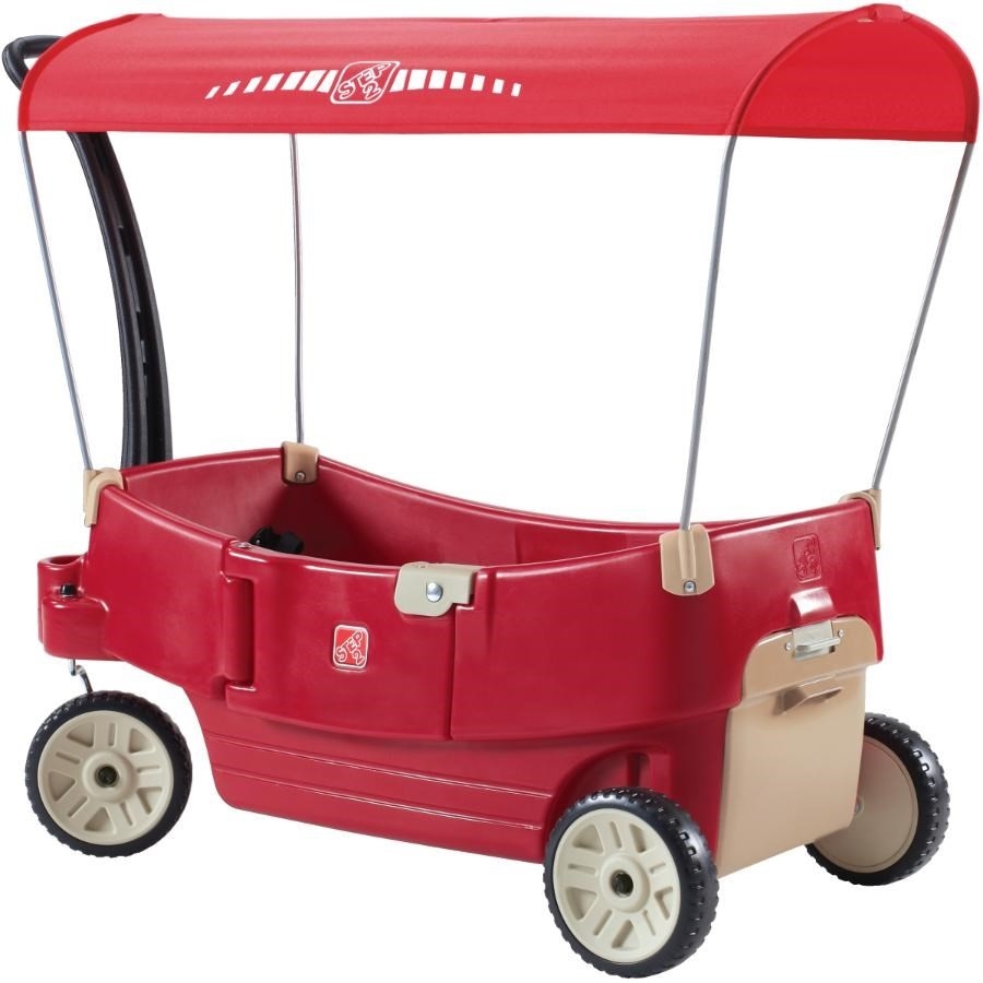 Chariot d'enfant en résine rouge avec toit complet